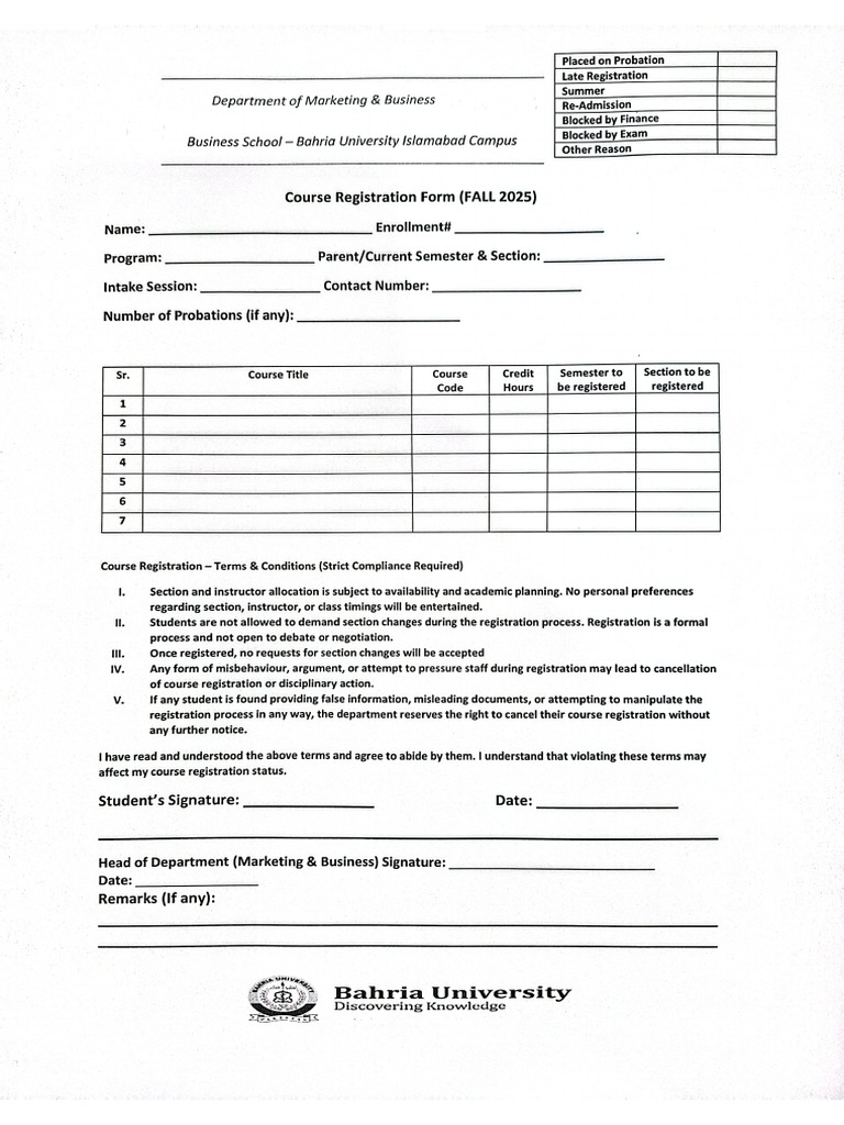 Course Registration Form Fall 2025 | PDF
