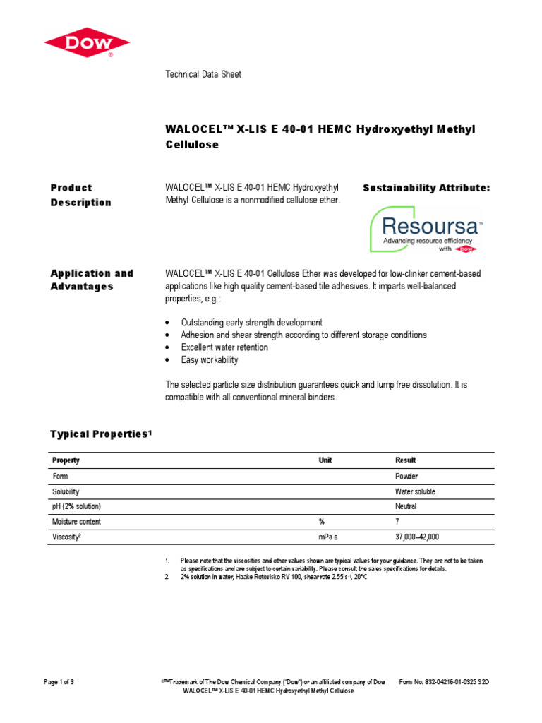WALOCEL™ X-LIS E 40-01 HEMC Overview | PDF | Dow Chemical Company ...