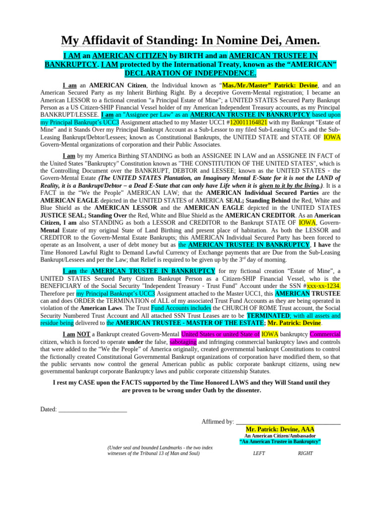 American Affidavit of Standing Example Rev2 | PDF | Bankruptcy ...