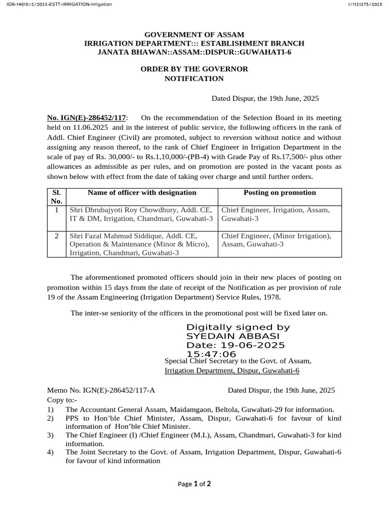 Chief Engineer Promotions in Assam Irrigation | PDF | Government