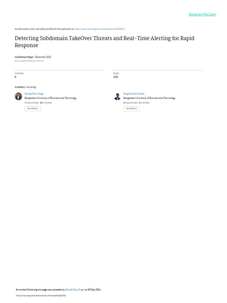 Detecting Subdomain TakeOver Threats | PDF | Computing | Cyberspace