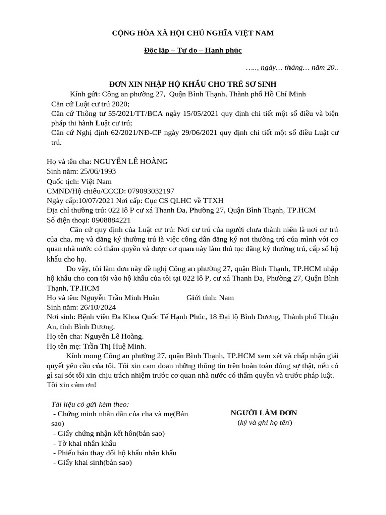 Mau Don Xin Nhap Ho Khau Cho Con | PDF
