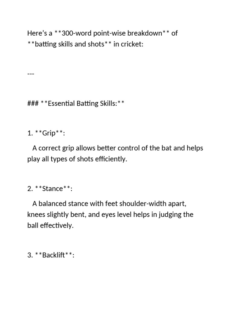Cricket Batting Skills and Shots Guide | PDF