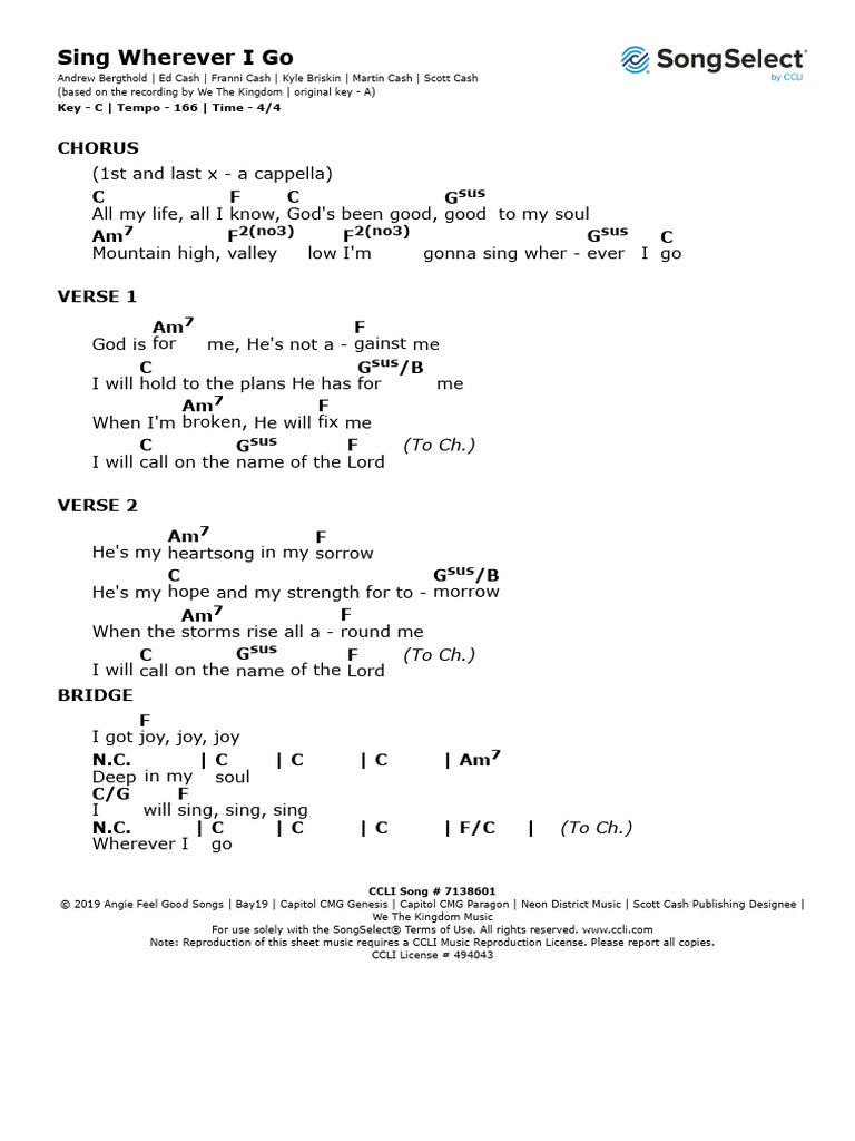 Sing Wherever I Go: Lyrics & Chords | PDF