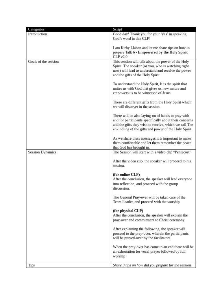 CLP Talk 6 Instructional Script | PDF | Holy Spirit | Prayer