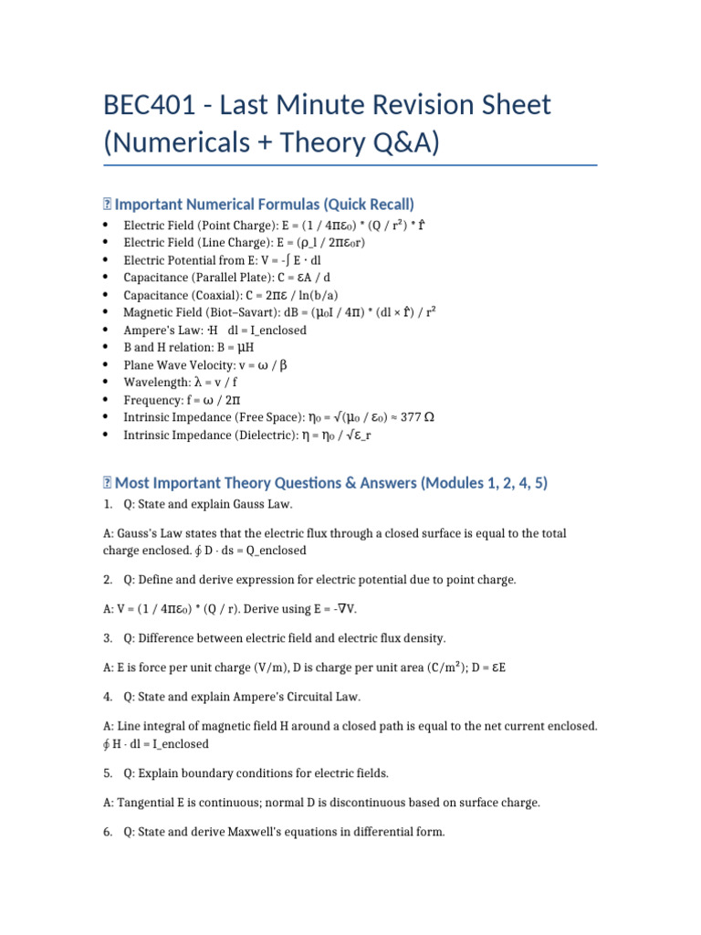BEC401 Last Minute Revision Sheet | PDF