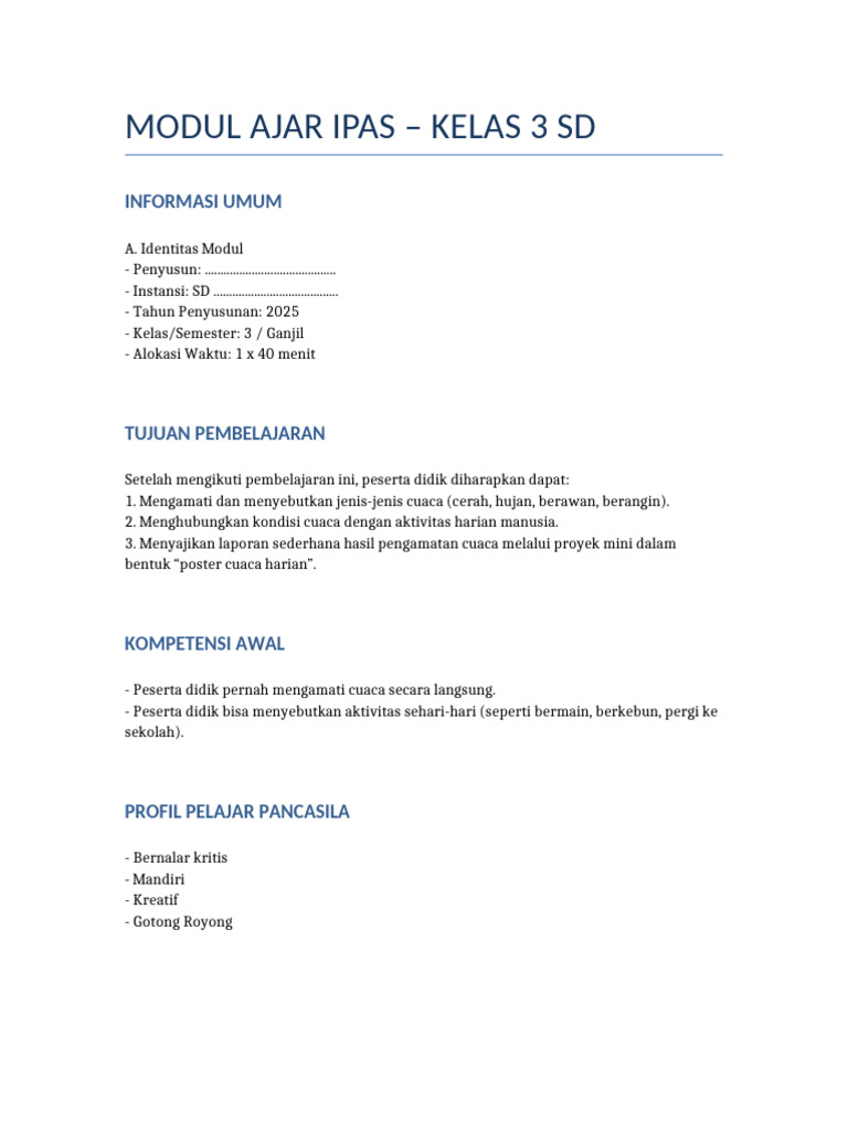 Modul Ajar PjBL Cuaca Kelas 3 SD | PDF