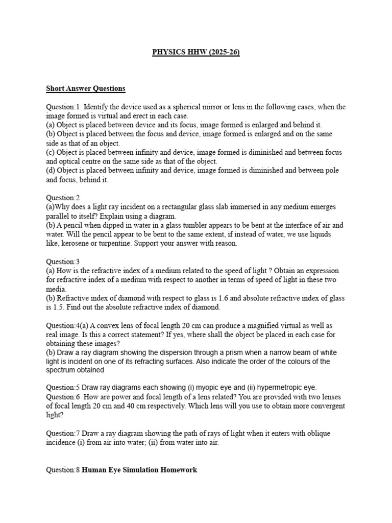 Class X Physics HHW (2025-2026) | PDF | Atomic | Applied And Interdisciplinary Physics