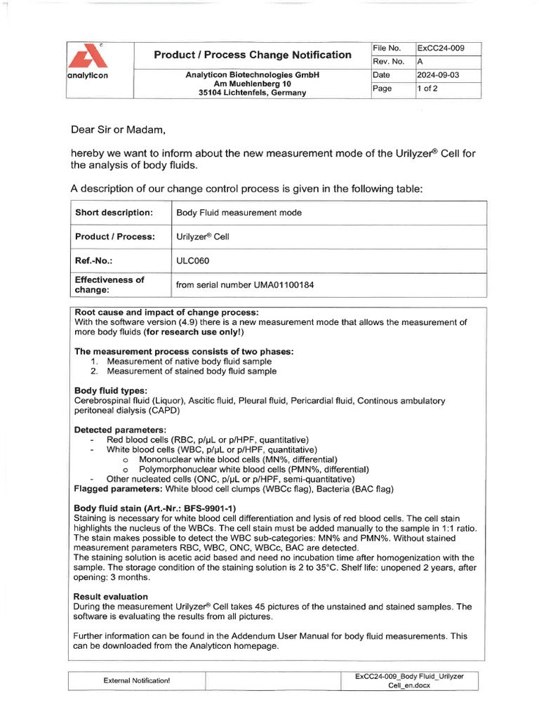 ExCC24-009 Body Fluid Urilyzer Cell en | PDF