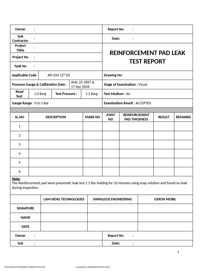 Reinforcment Pad Leak Test Report | PDF | Pressure