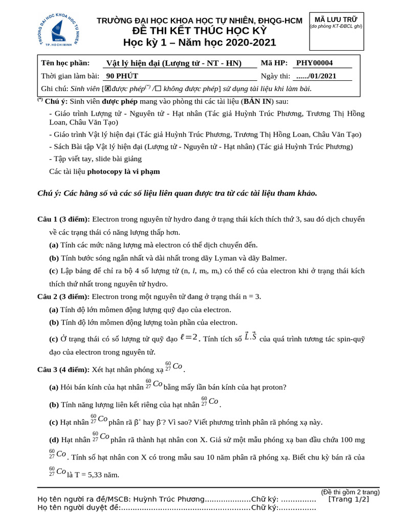 ĐỀ THI CK - HK1 - 2020 - 2021 | PDF