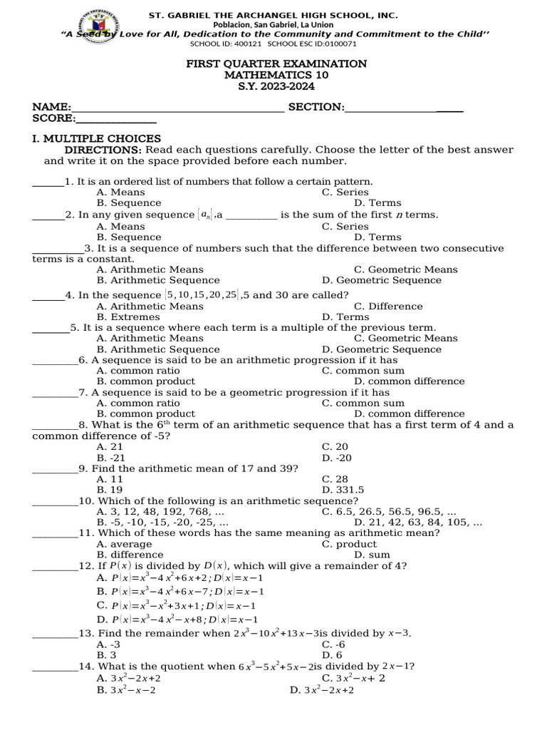 1st Quarter Exam MATH 10 24-25 | PDF | Sequence | Mathematical Analysis