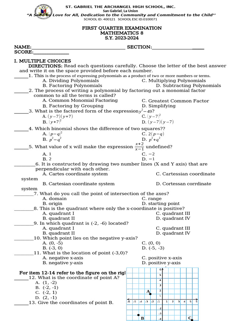 1st Quarter Exam MATH 8 24-25 | PDF | Cartesian Coordinate System ...