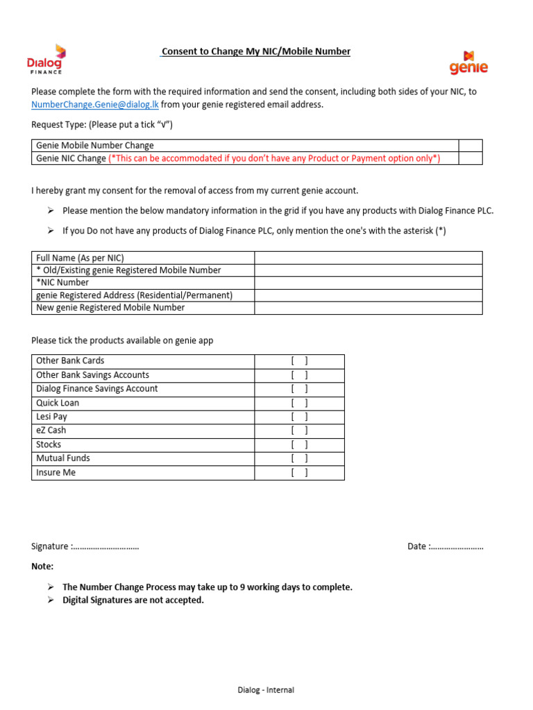 NIC/Mobile Number Change Consent Form | PDF