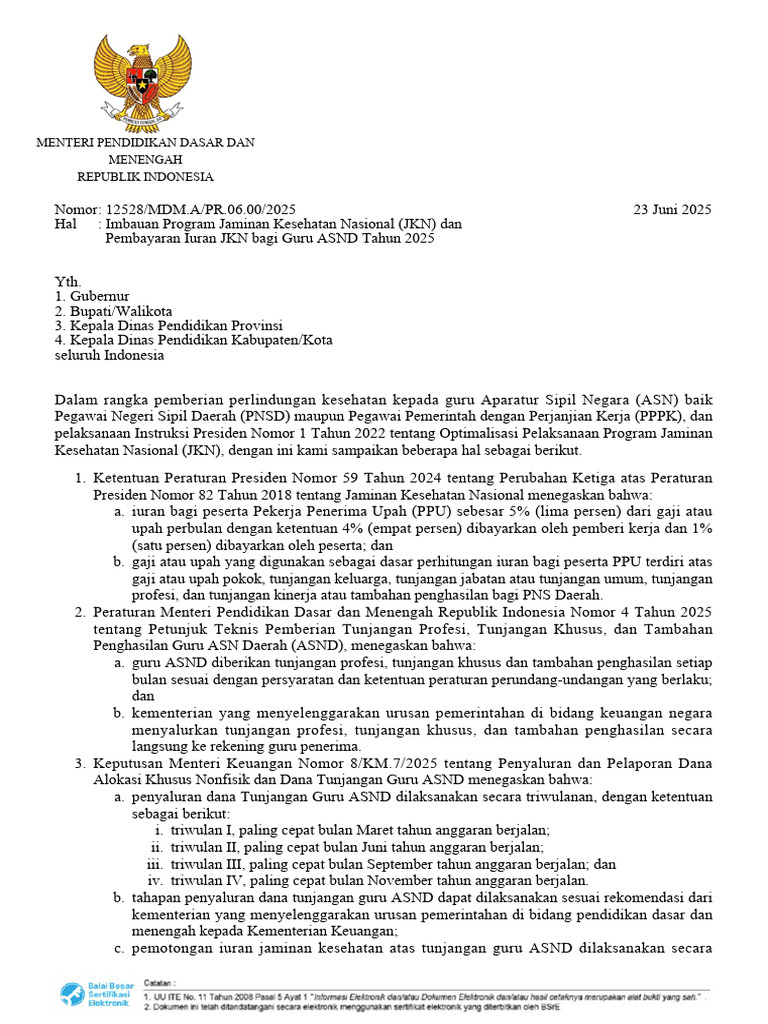 Mendikdasmen Surat Imbauan Program JKN Dan Pembayaran Iuran JKN | PDF