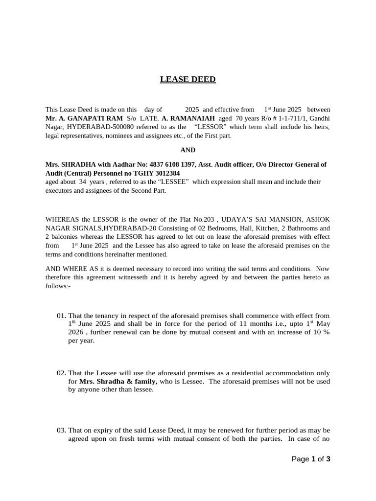 Lease Deed Flat 203-Shrada Pandey | PDF | Lease | Private Law