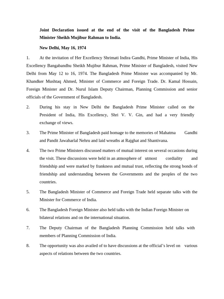 Joint Declaration Issued at The End of The Visit of The Bangladesh ...