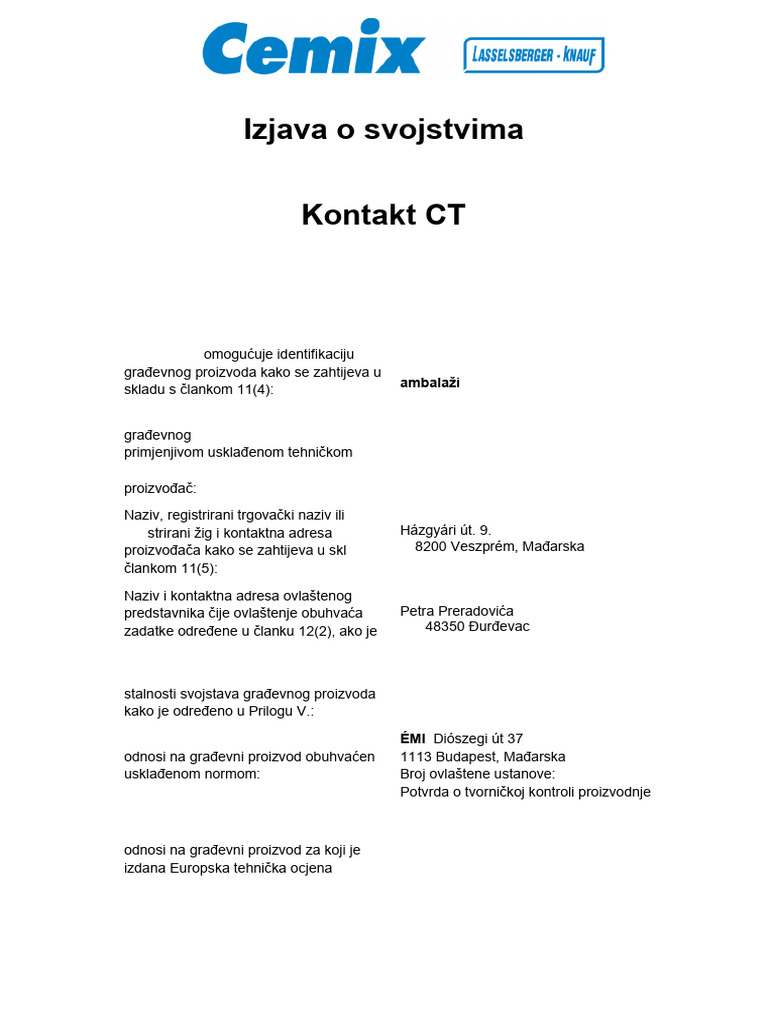 28 Izjava o Svojstvima Kontakt CT 2020 | PDF