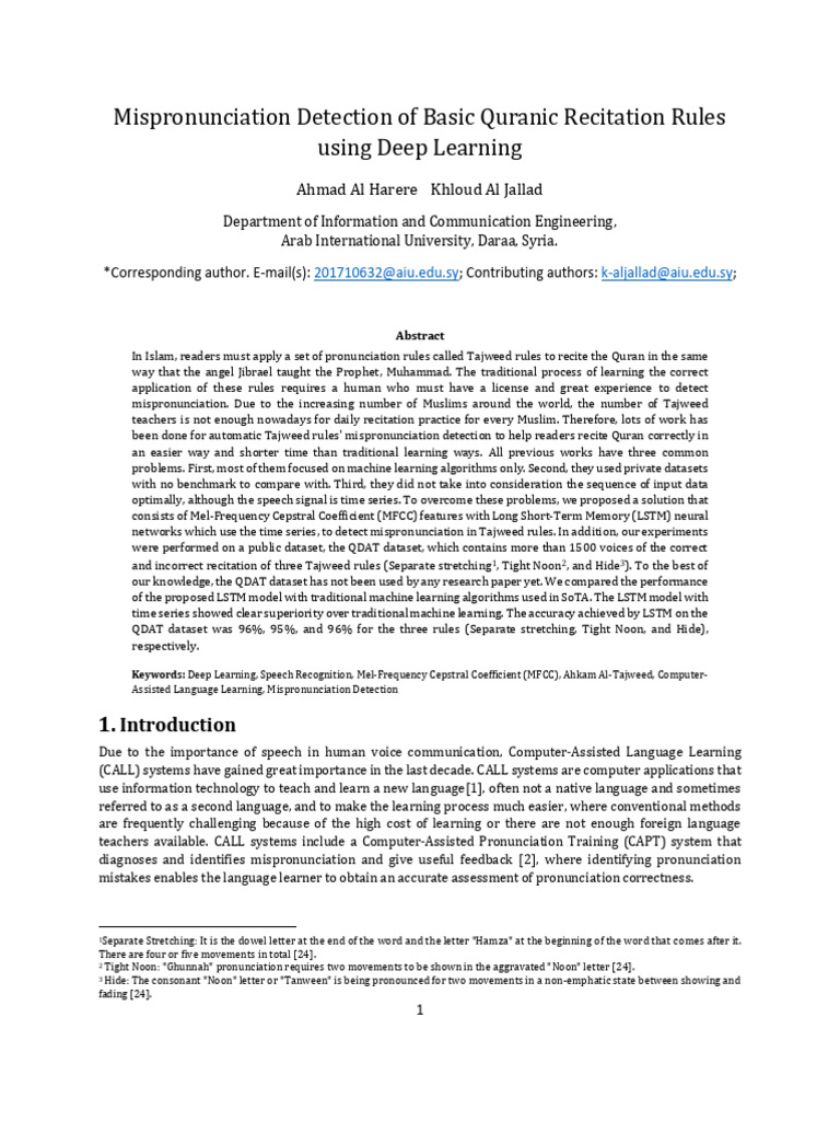 Mispronunciation Detection of Basic Quranic Recitation Rules Using Deep ...