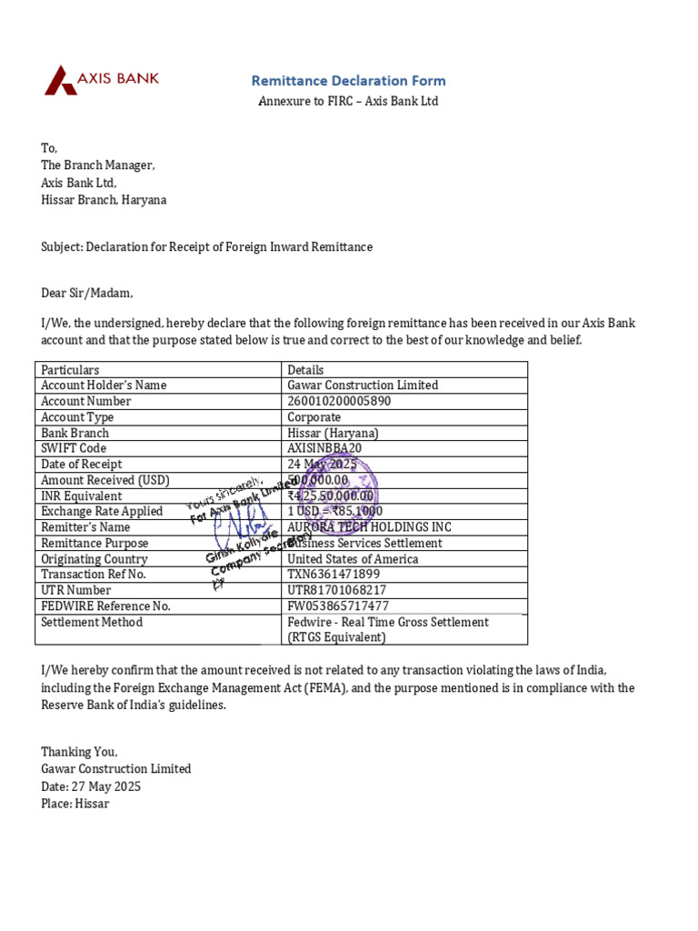 Declaration For Receipt of Foreign Inward Remittance | PDF