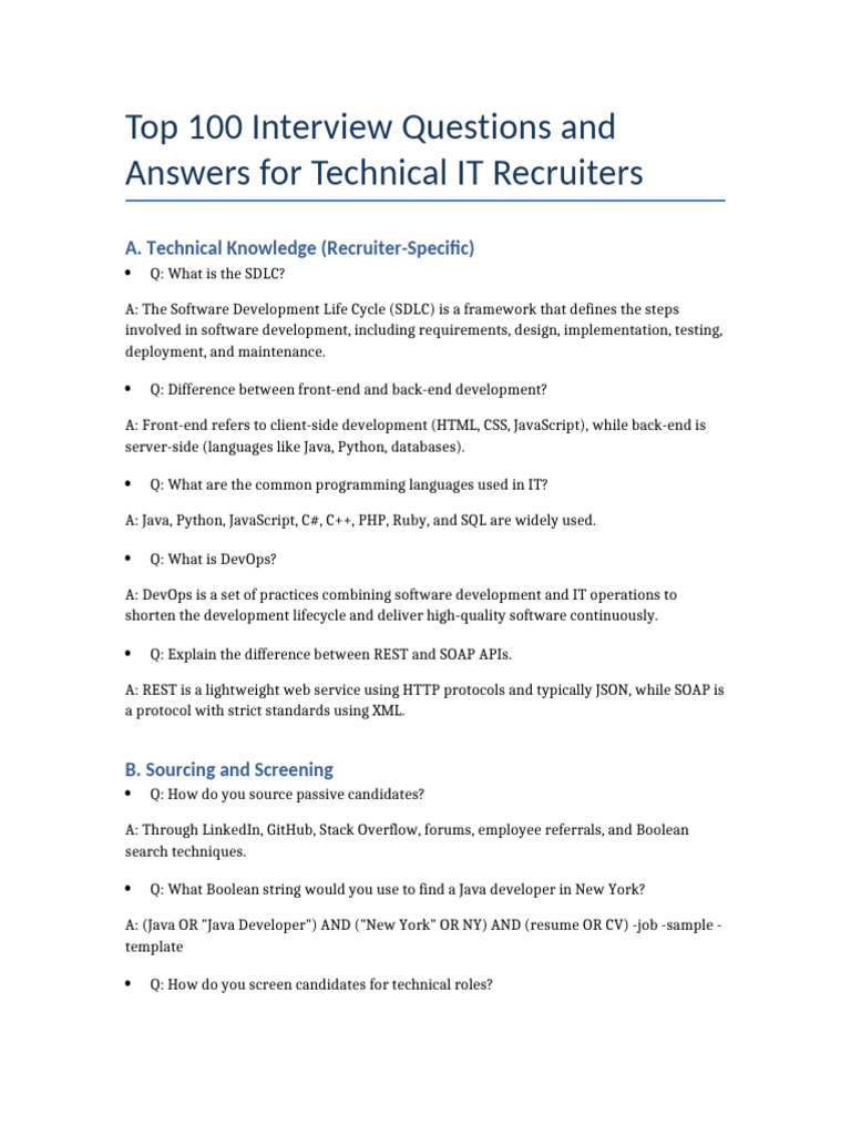 Top 100 IT Recruiter Interview Questions | PDF | Computing | Software ...