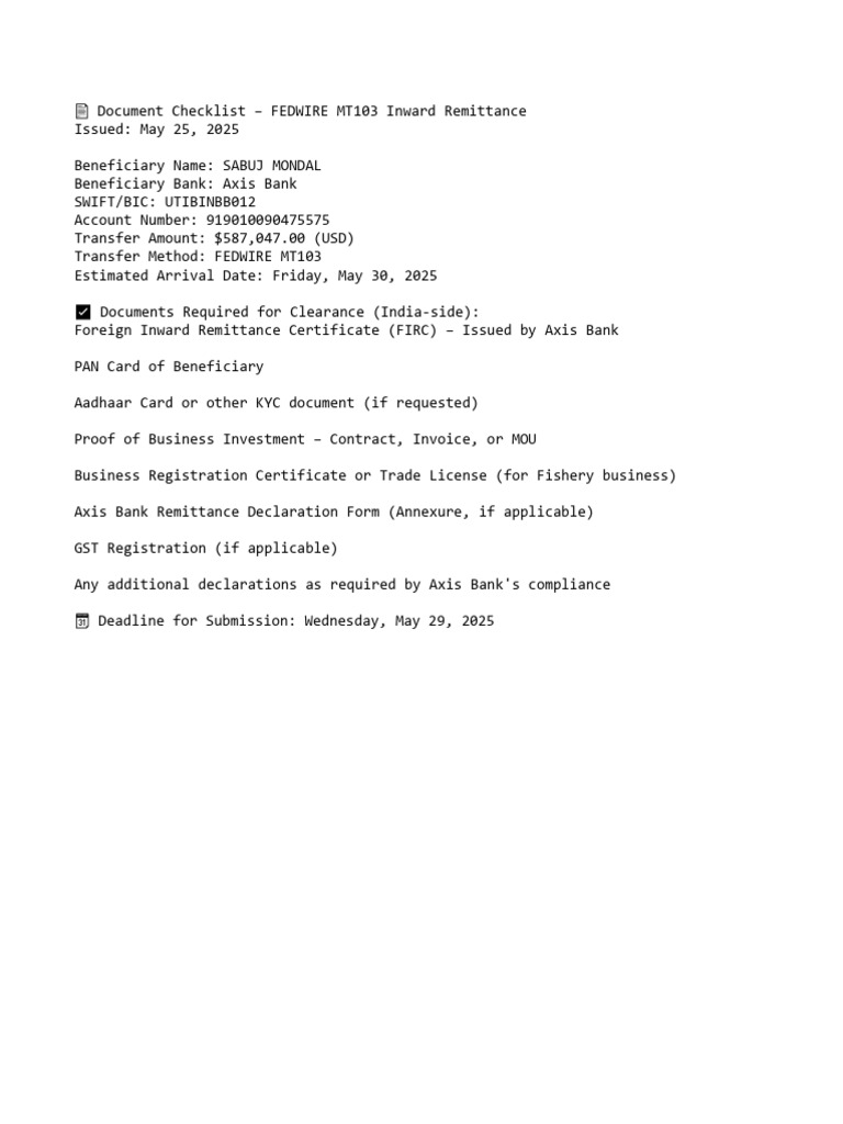 Document Checklist - FEDWIRE MT103 Inward Remittance | PDF