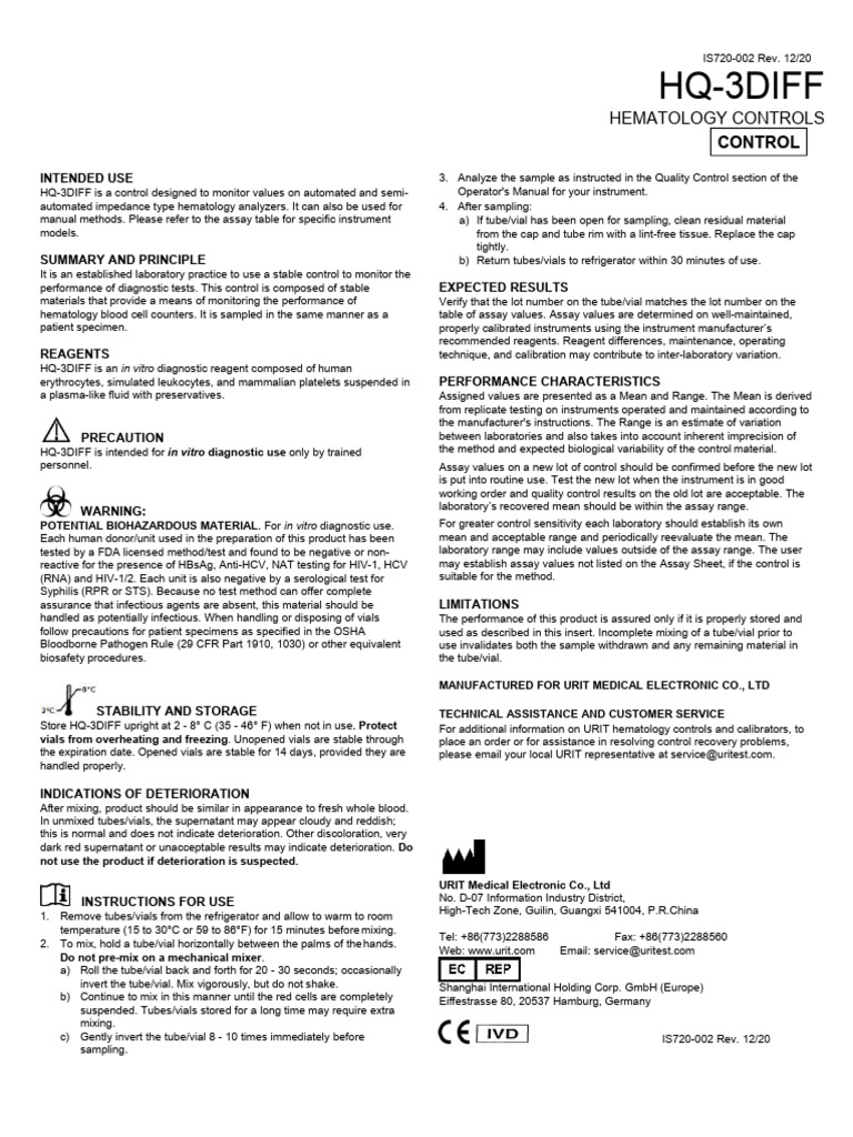 HQ-3DIFF Hematology Control Guide | PDF | Assay | Blood Cell
