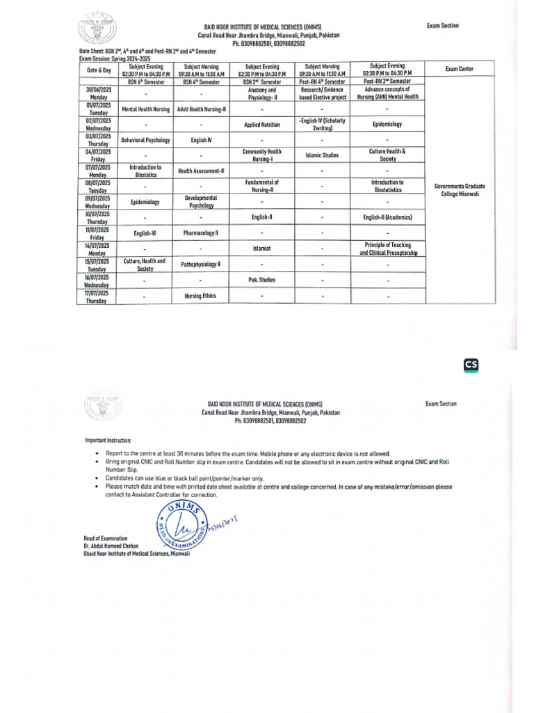 Date Sheet College of Nursing Exam Session Spring 2024-2025 | PDF