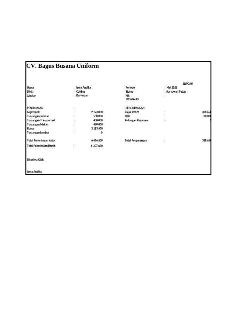 Slip Gaji Karyawan CV. Bagus Busana | PDF
