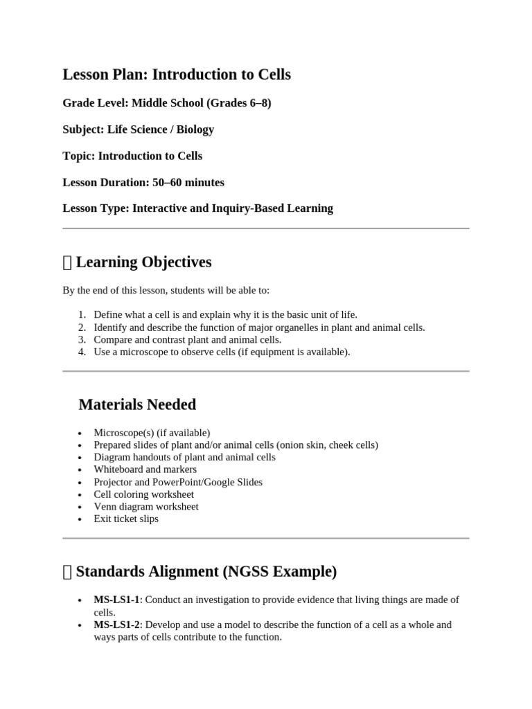 Lesson Plan Introduction To Cells | PDF | Cell (Biology) | Cytoplasm