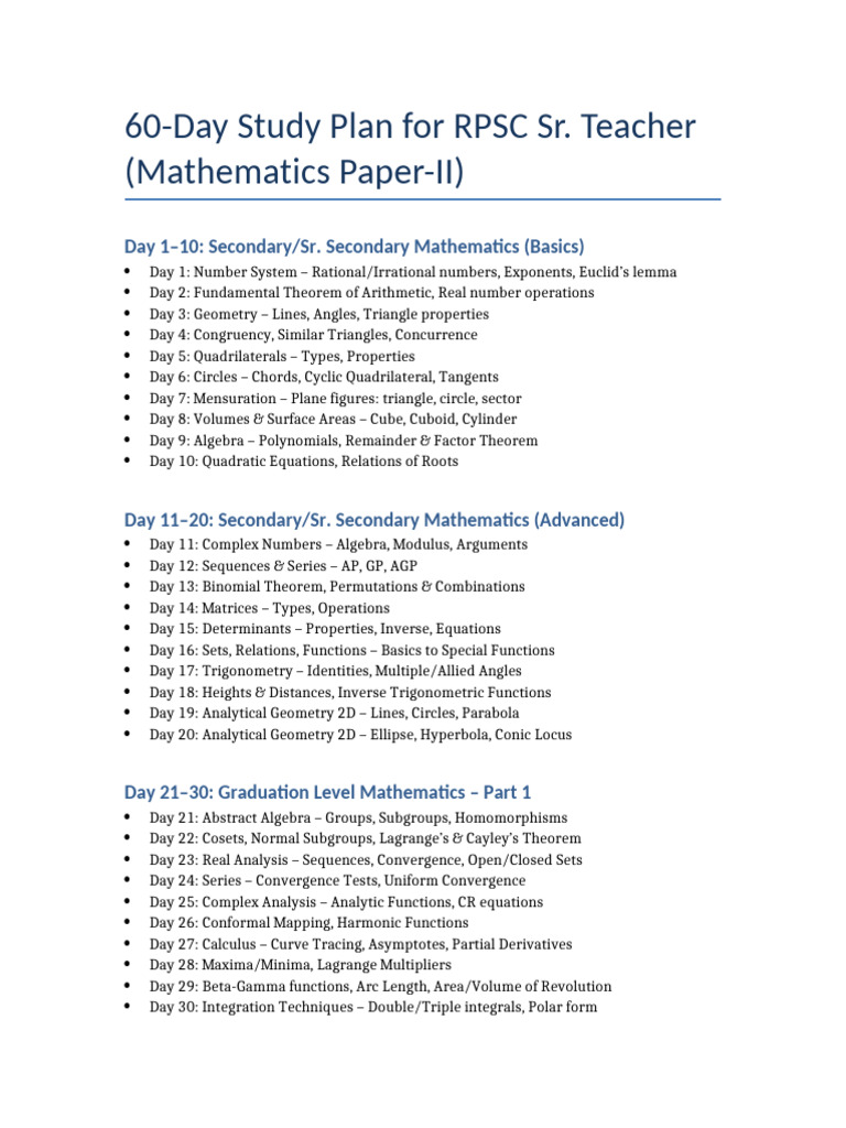 RPSC Math 60 Day Study Plan | PDF | Mathematical Analysis | Mathematics
