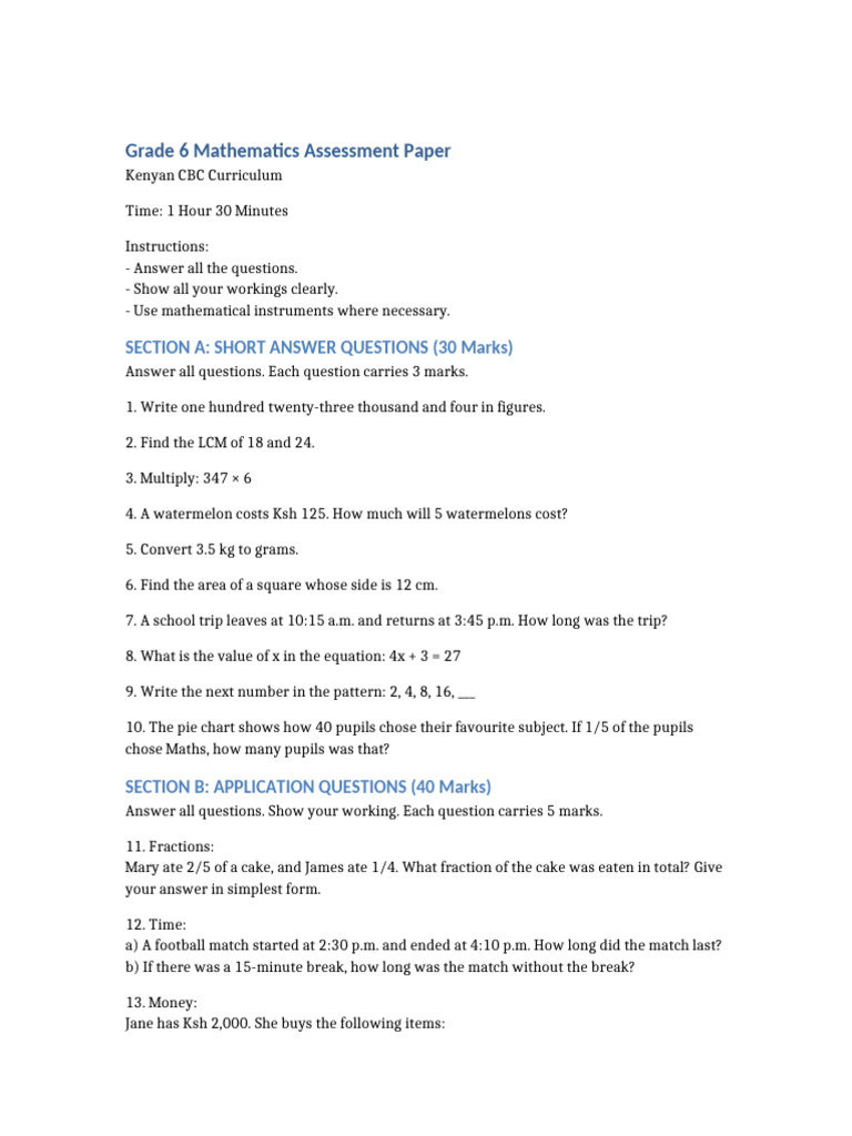 Grade 6 CBC Mathematics Assessment | PDF