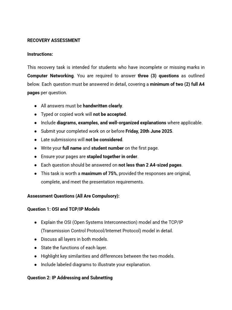 Computer Networking Recovery Assessment | PDF