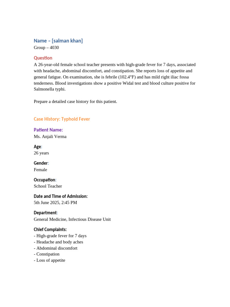 Case Study: Typhoid Fever Diagnosis | PDF | Fever | Clinical Medicine