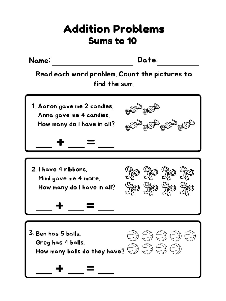 Black and White Addition Problems 1-10 Printable Math Worksheet | PDF