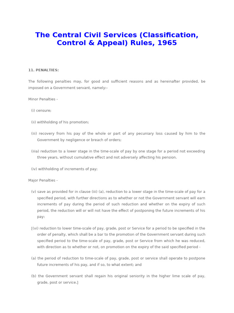 The Central Civil Services (Classification, Control & Appeal) Rules ...