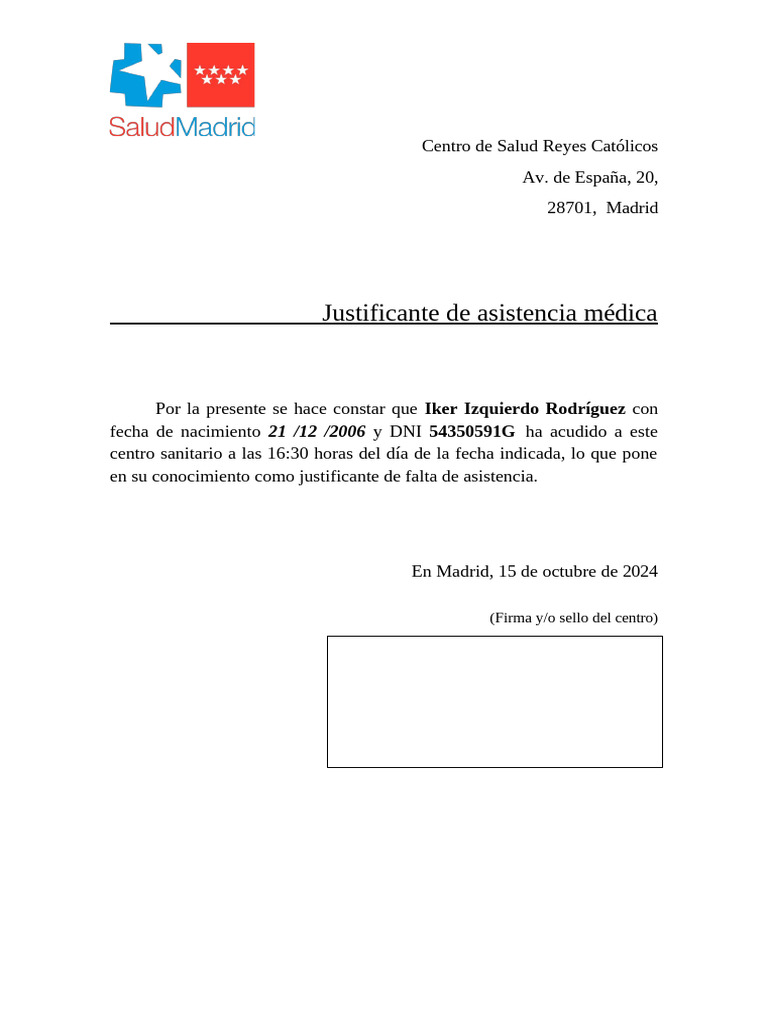 Plantilla Justificante Medico Madrid | PDF