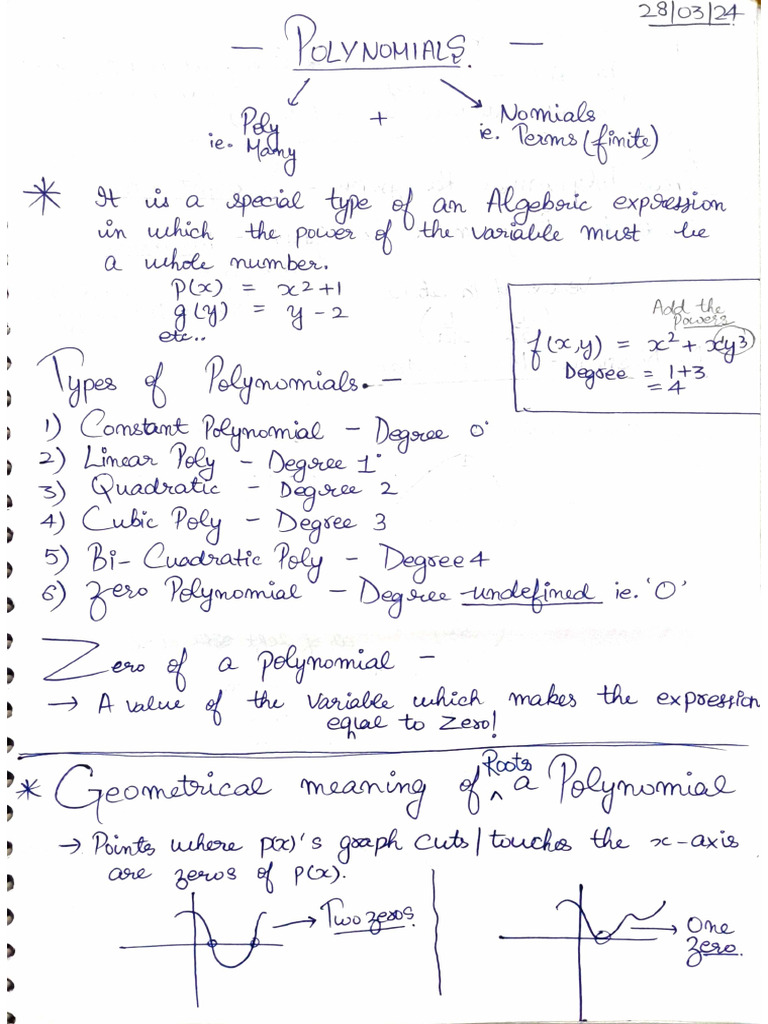 Polynomials Class10 CBSE Detailed Notes+Extensive Question Practice | PDF