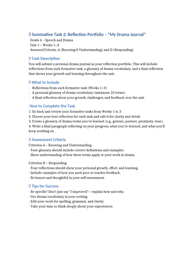 Summative Task 2 Reflection Portfolio Instructions | PDF