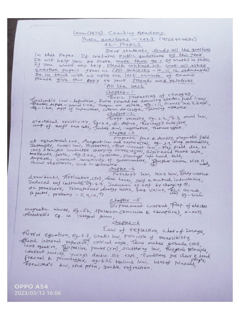 12th Physics EM Important Questions To Public Exam 2023 English Medium PDF Download | PDF