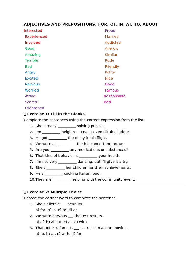 Adjectives and Prepositions, Fixed Prepositions With Adjectives | PDF