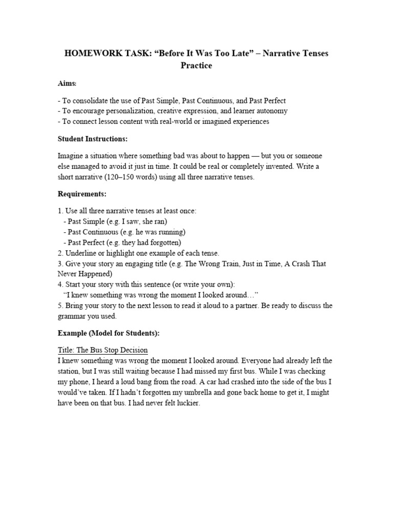 Narrative Tenses Homework Task | PDF