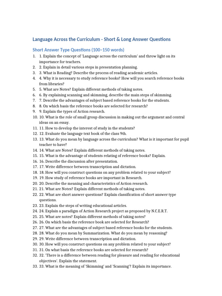 Language Across Curriculum: Key Concepts & Questions | PDF | Speed ...