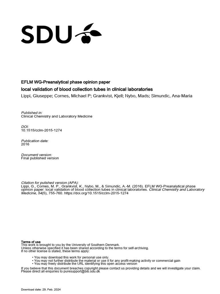 EFLM WG Preanalytical Phase Opinion Paper Local Validation of Blood ...