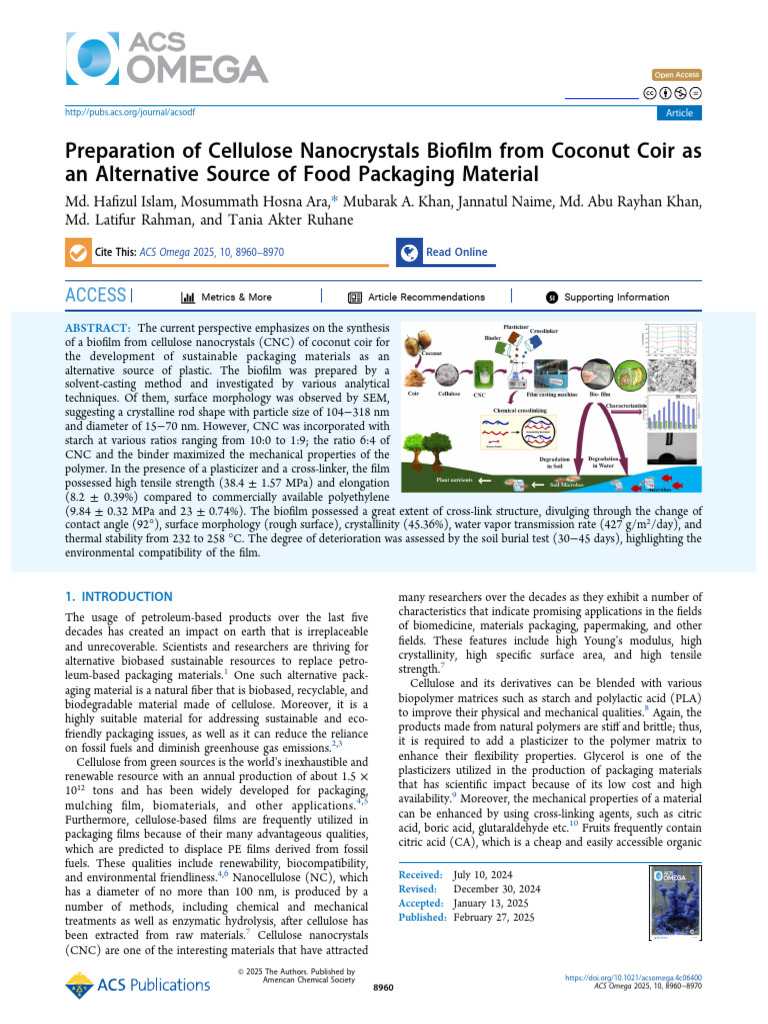 Islam Et Al 2025 Preparation of Cellulose Nanocrystals Biofilm From Coconut Coir As An ...