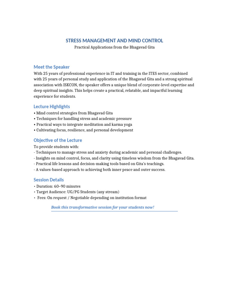 Stress Management Mind Control Lecture Proposal | PDF | Bhagavad Gita | Behavioural Sciences