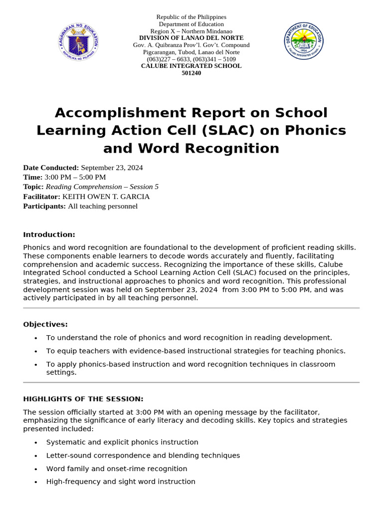 Phonics SLAC Accomplishment Report | PDF | Phonics | Learning