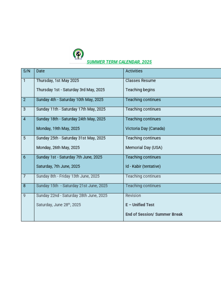 Summer Term Calendar 2025 | PDF