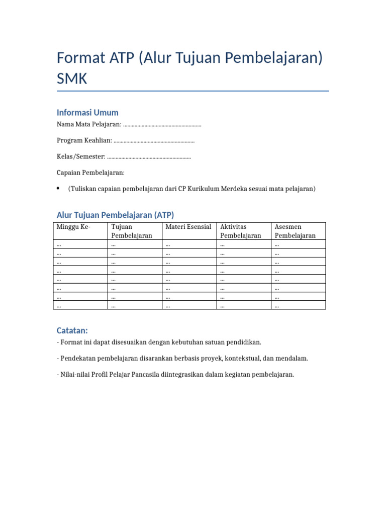 Format ATP Kurikulum Merdeka SMK | PDF