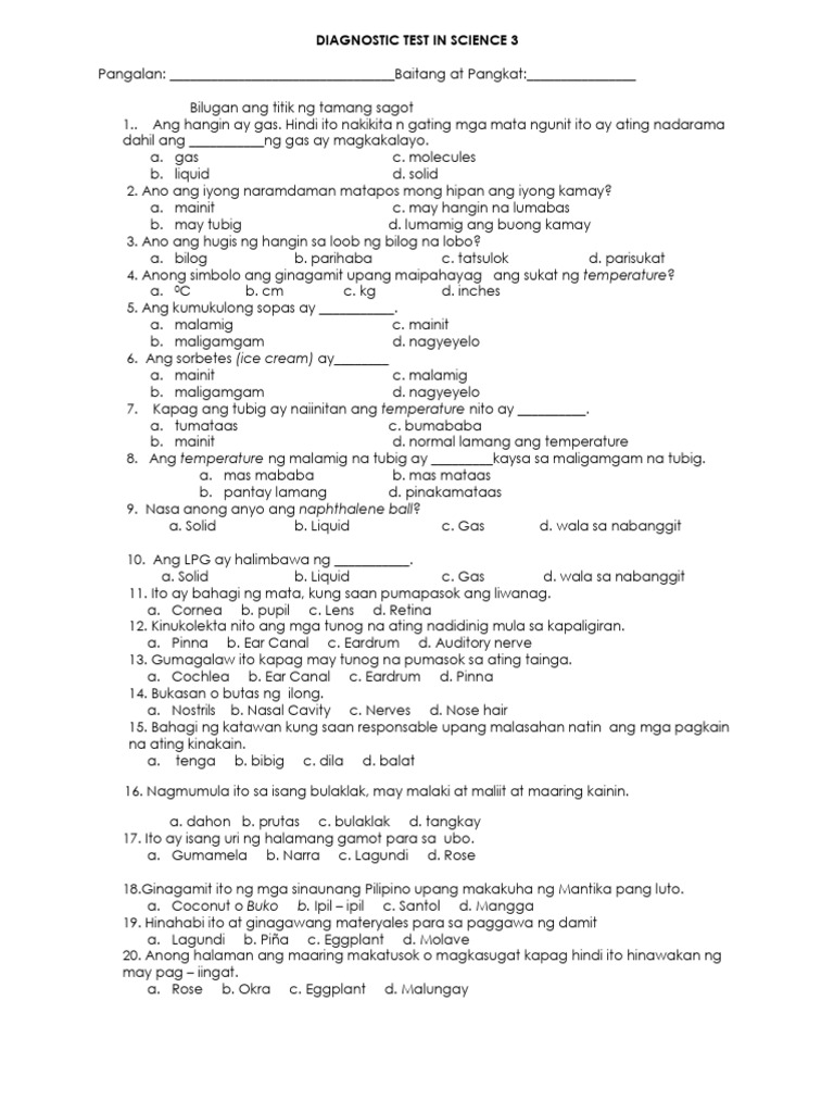 Diagnostic Test in Science3 - With Tos and Ak | PDF